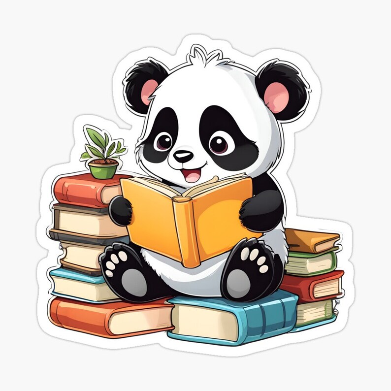 Cute Panda Reading Sticker, Cute Panda Reading Books, 3" Vinyl Sticker ...