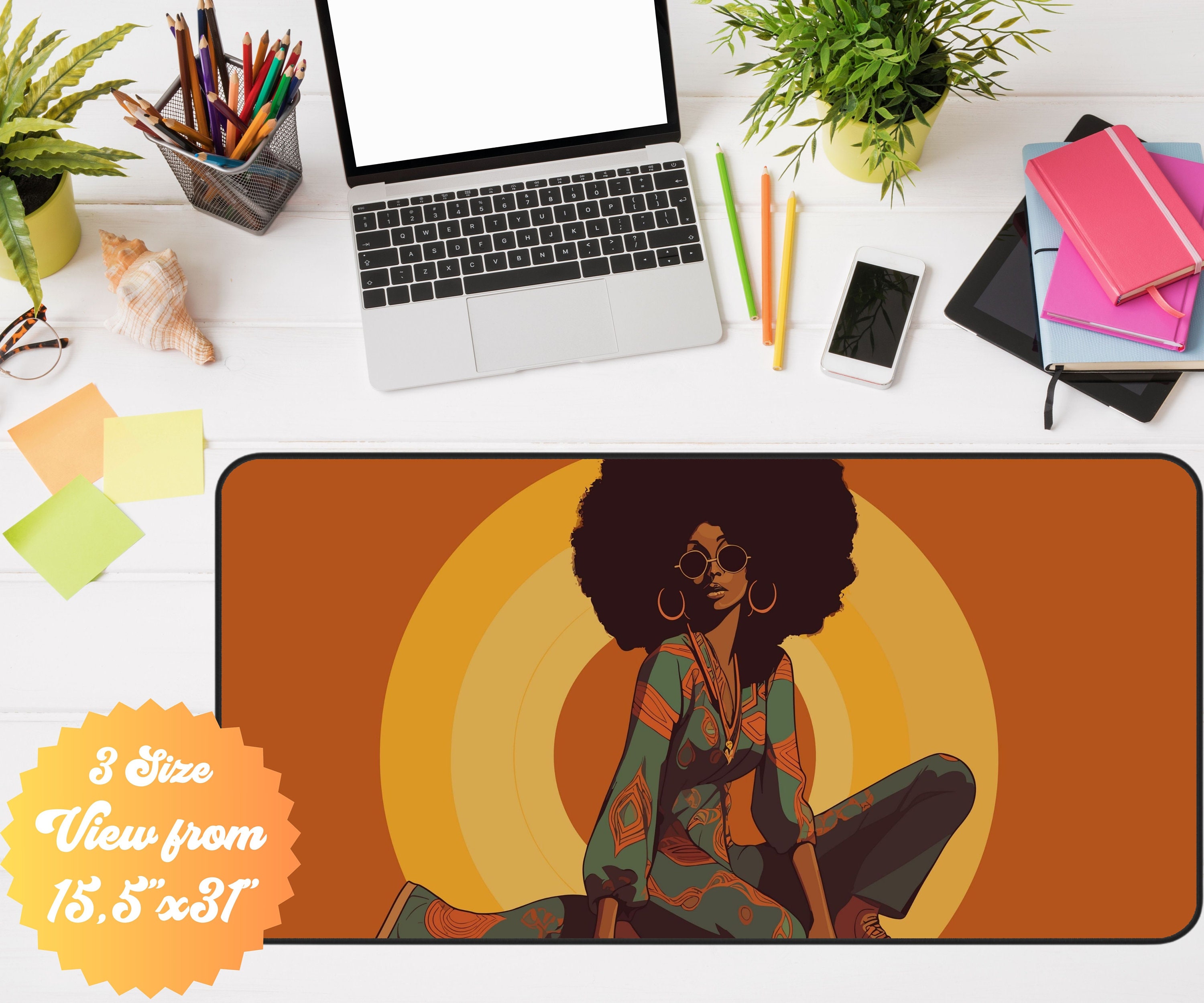 70's Afro Woman Office Deskmat, Large Desk Pad, Gaming Mouse Pad, Desk ...