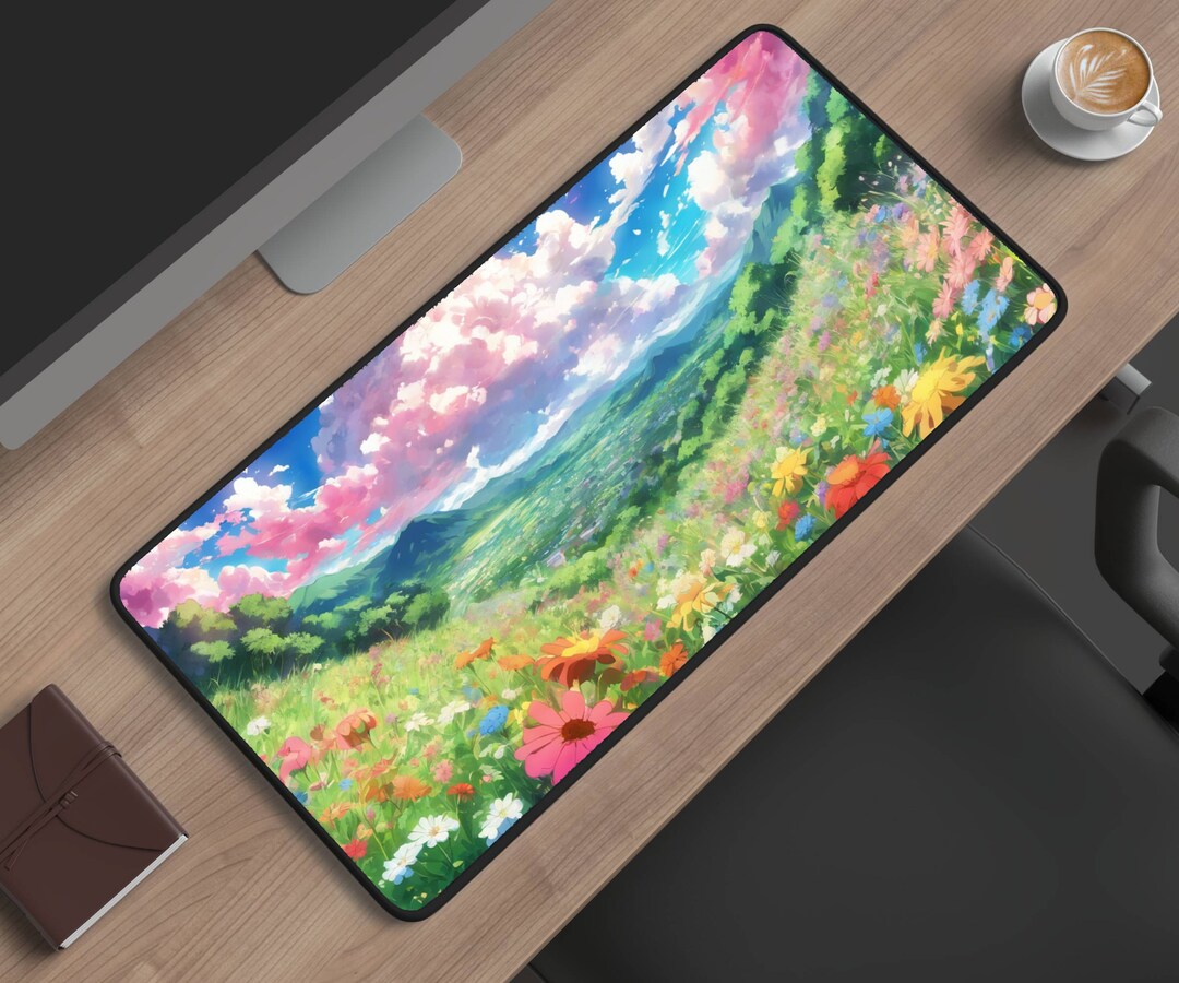 Aesthetic Anime Flower Meadow Desk Mat, Mouse Pad, for a Beautiful ...