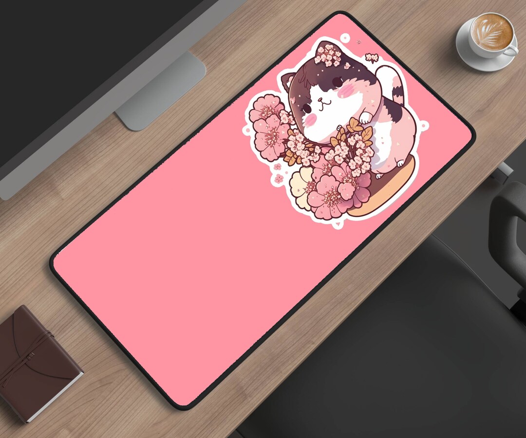 Cute Pink Anime Cat Office Deskmat, Large Desk Pad, Gaming Mouse Pad ...