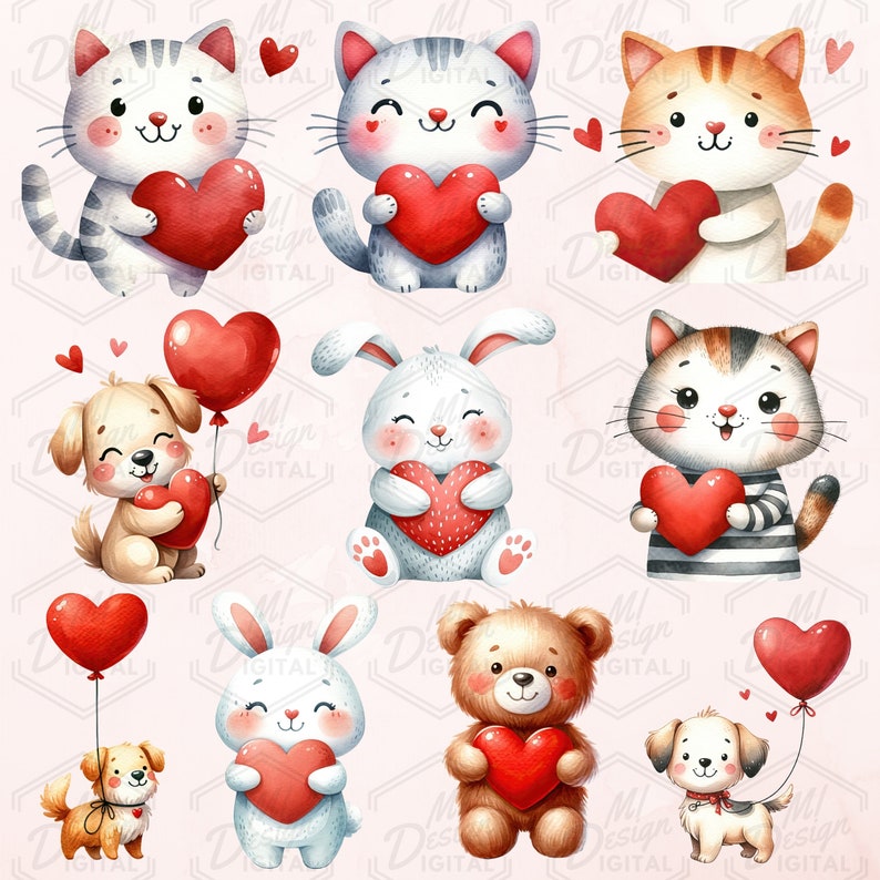 Happy Valentine's Day Animal, Watercolor Cute Animals Clipart ...