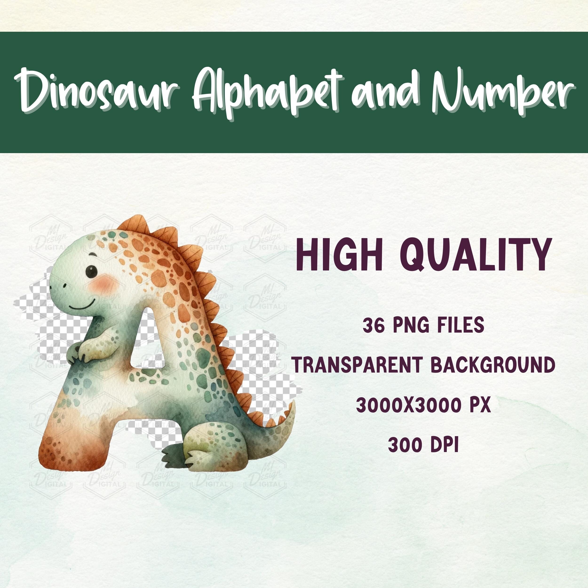 Dinosaur Alphabet and Numbers, Watercolor Clipart Dinosaur PNG, Animal ...