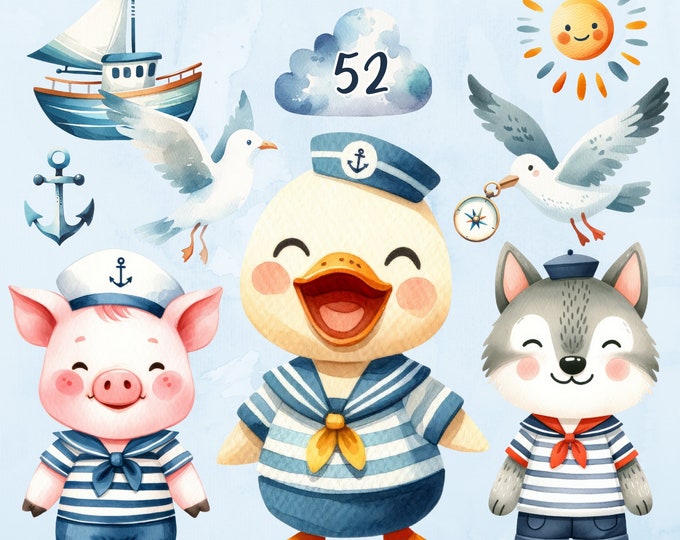 Cute Sailor Animal Clipart, Nautical Nursery Clipart, Ocean Clipart ...