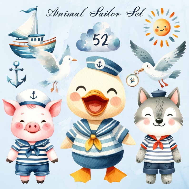 Animal Sailor Set, Sailor Watercolor Clipart, Animal PNG, Nursery Baby ...