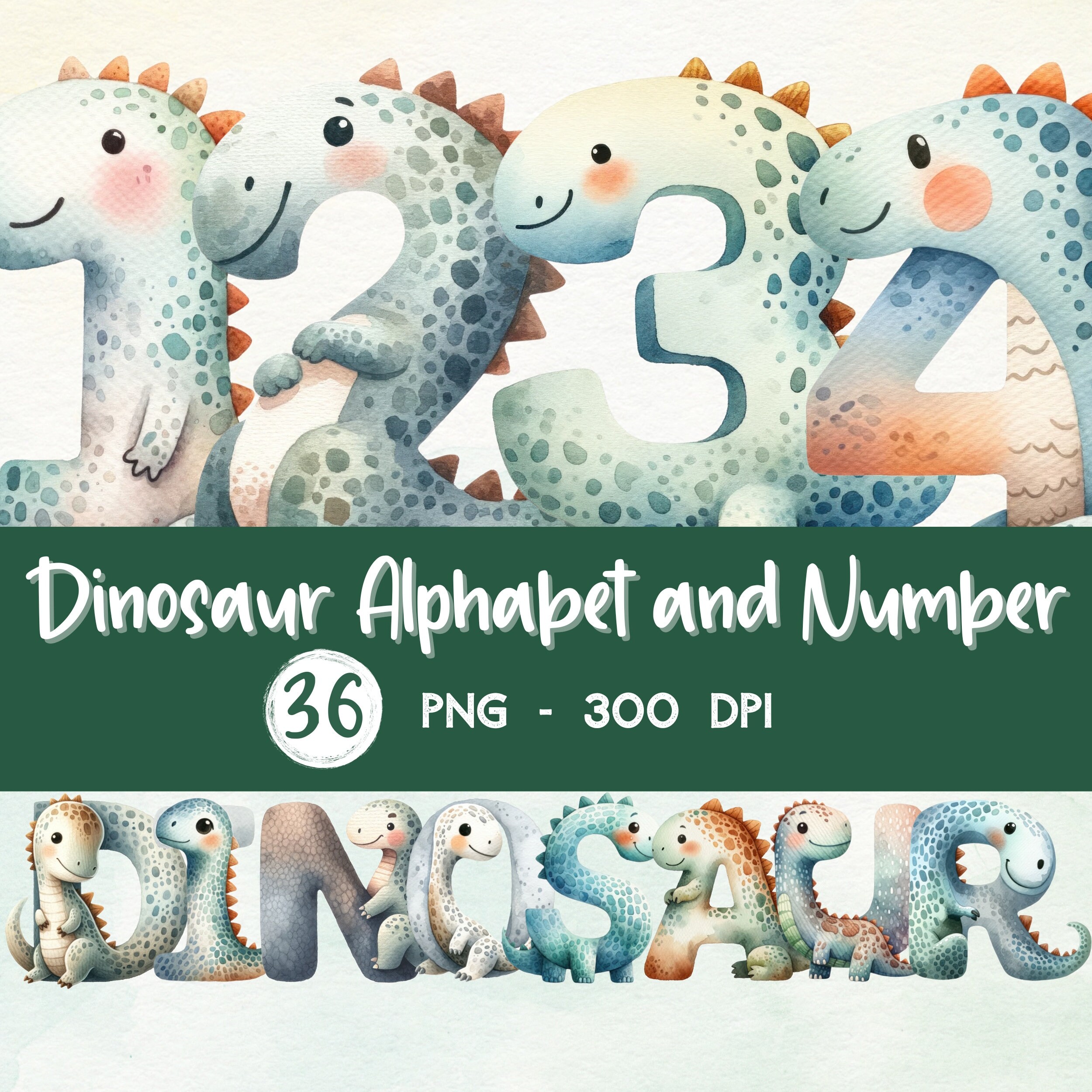 Dinosaur Alphabet and Numbers, Watercolor Clipart Dinosaur PNG, Animal ...