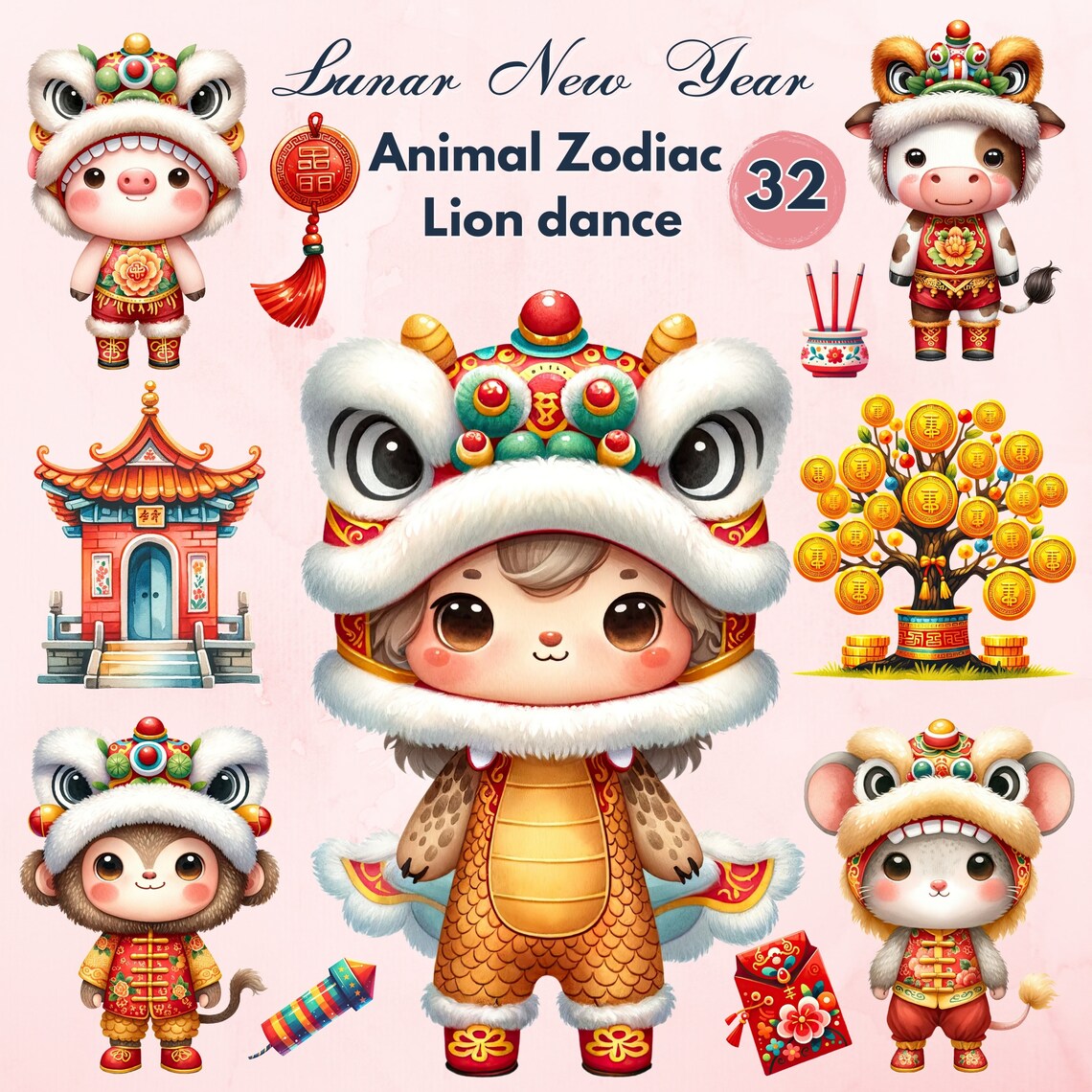 Lunar New Year Animal Zodiac Lion Dance, Watercolor Cute Animals ...
