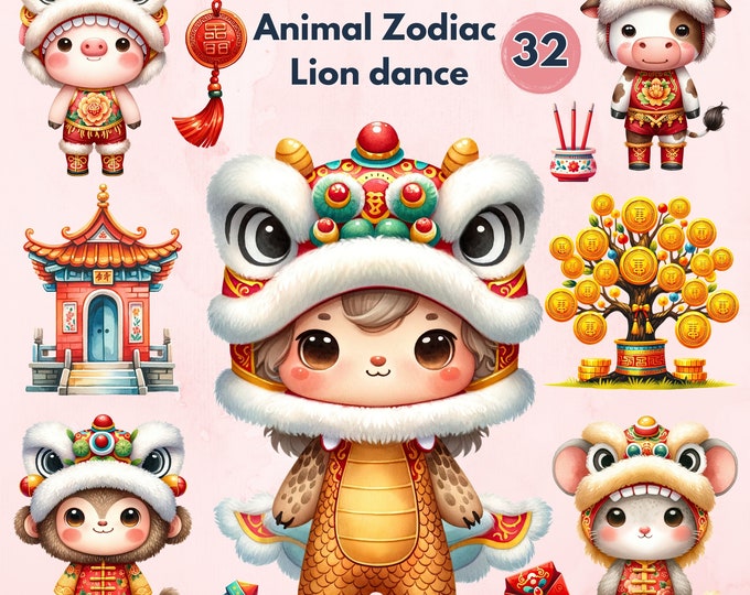 Lion Dance Watercolor Clipart, Chinese New Year Graphics, Traditional ...