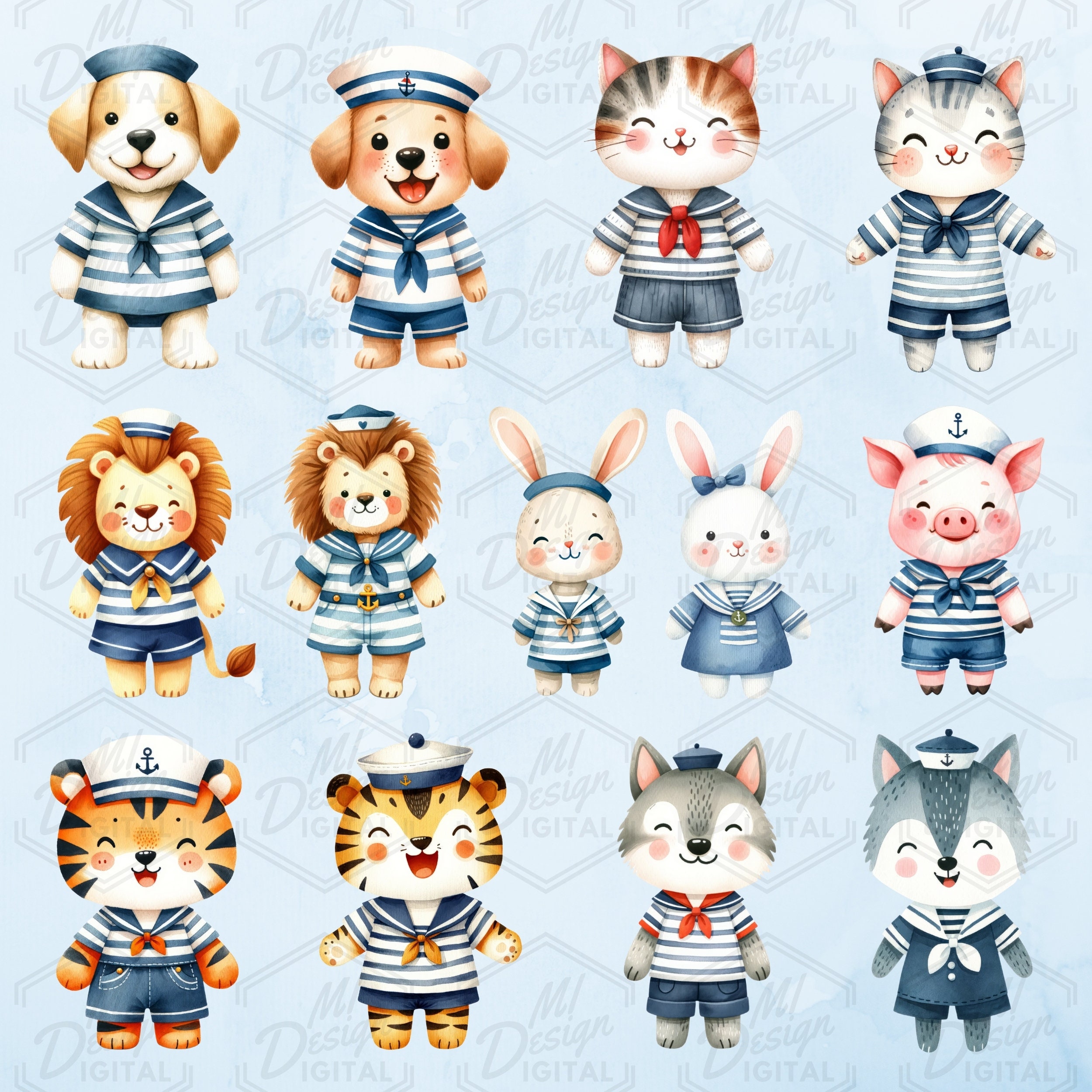 Animal Sailor Set, Sailor Watercolor Clipart, Animal PNG, Nursery Baby ...
