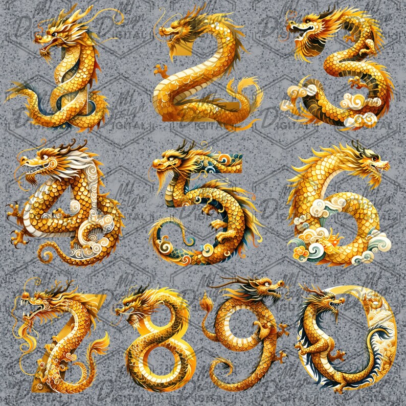 Chinese Dragon Alphabet and Numbers, Watercolor Dragon Alphabet PNG ...