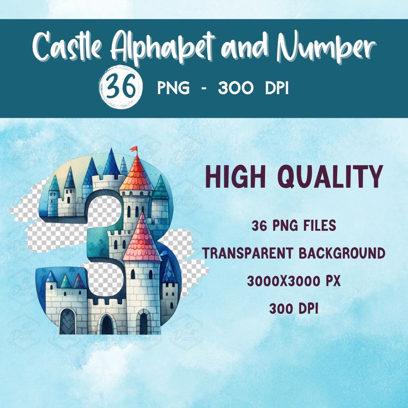 Castle Alphabet and Numbers, Watercolor Fairy Tale Castle Clipart PNG ...