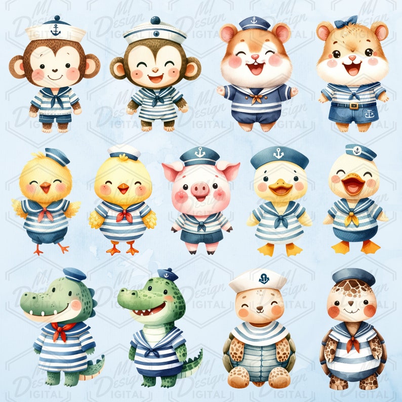 Animal Sailor Set, Sailor Watercolor Clipart, Animal PNG, Nursery Baby ...