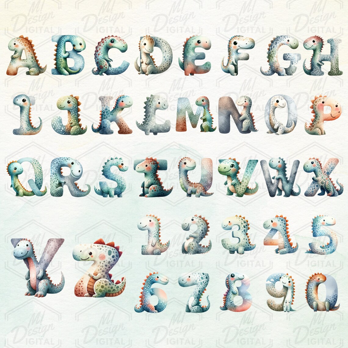 Dinosaur Alphabet and Numbers, Watercolor Clipart Dinosaur PNG, Animal ...