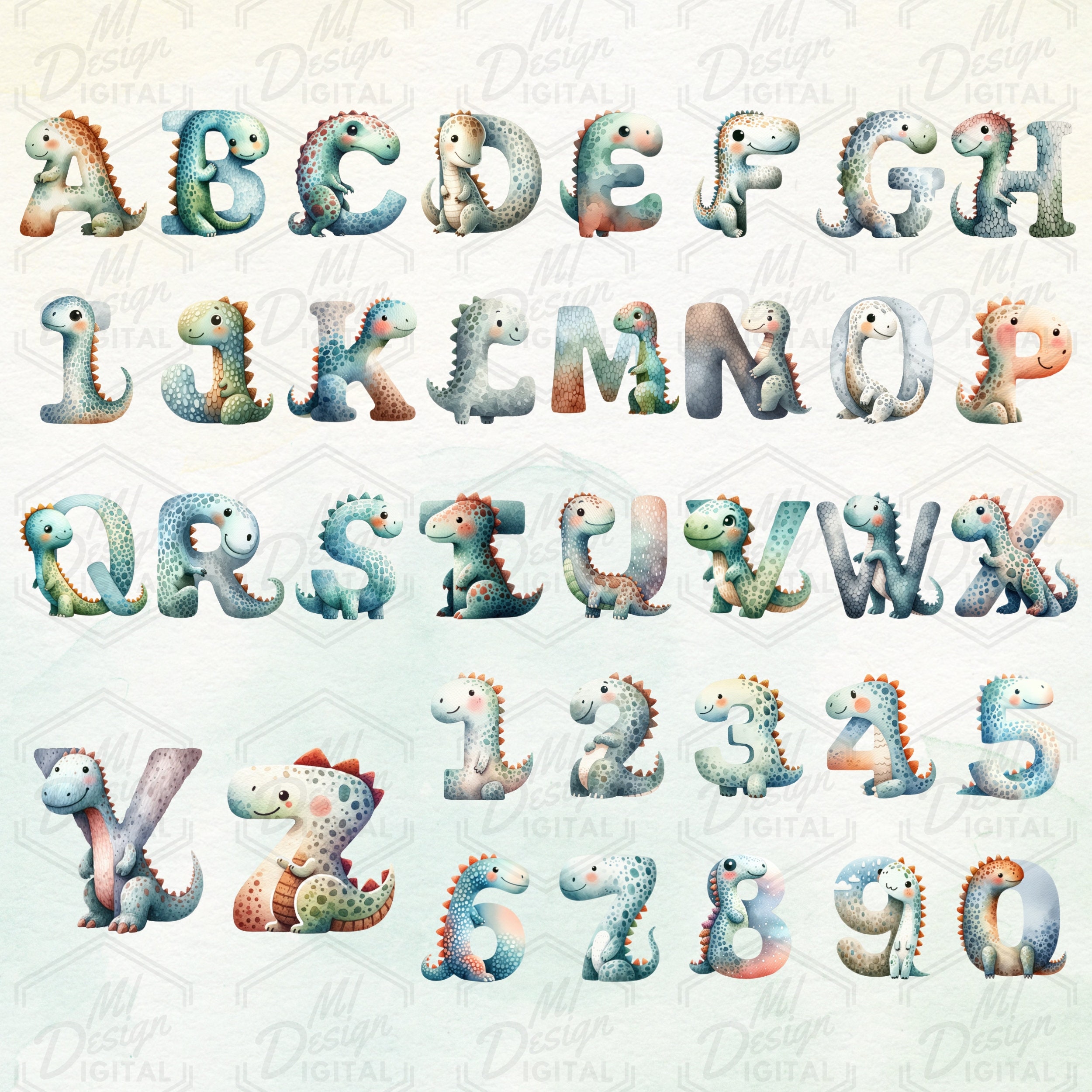 Dinosaur Alphabet and Numbers, Watercolor Clipart Dinosaur PNG, Animal ...