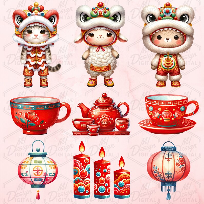 Lunar New Year Animal Zodiac Lion Dance, Watercolor Cute Animals ...