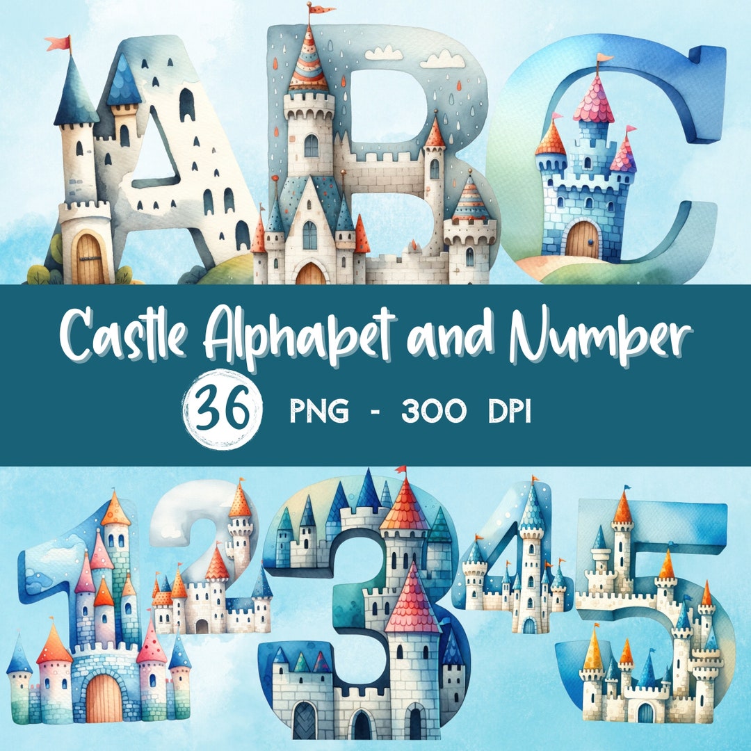 Castle Alphabet and Numbers, Watercolor Fairy Tale Castle Clipart PNG ...