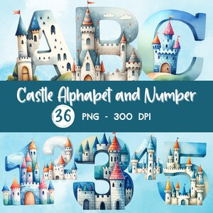 Castle Alphabet and Numbers, Watercolor Fairy Tale Castle Clipart PNG ...