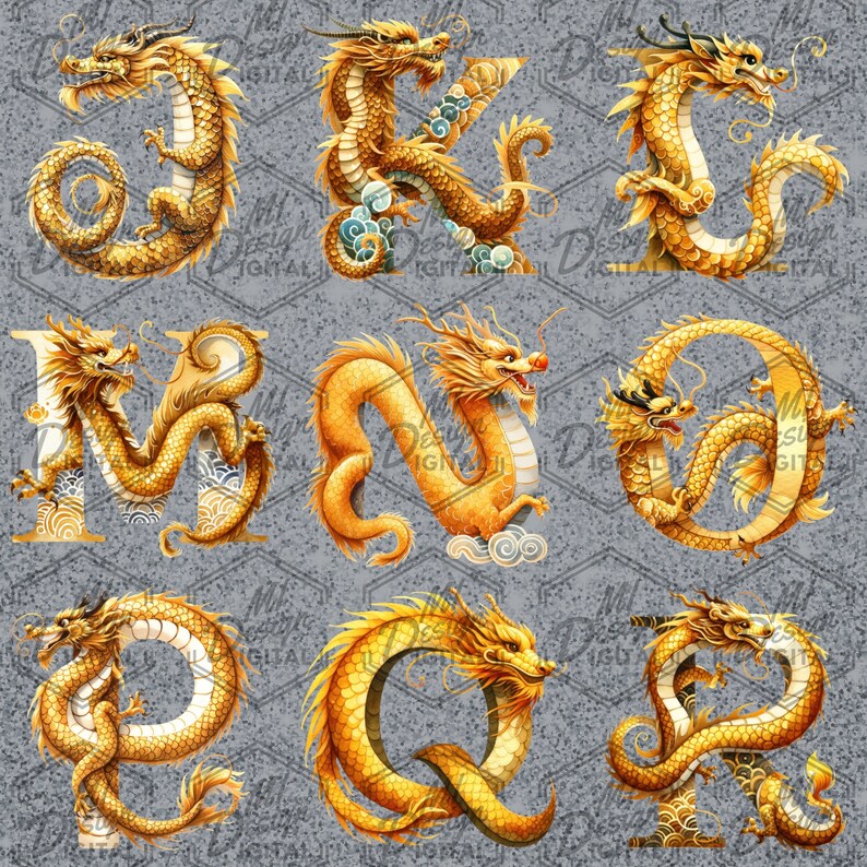 Chinese Dragon Alphabet and Numbers, Watercolor Dragon Alphabet PNG ...