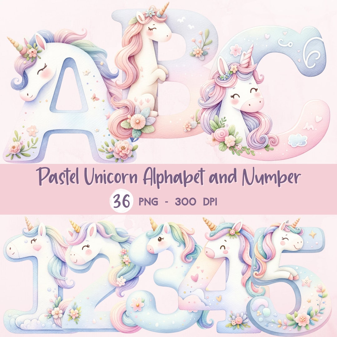 Pastel Unicorn Alphabet and Numbers, Watercolor Unicorn Letters Clipart ...