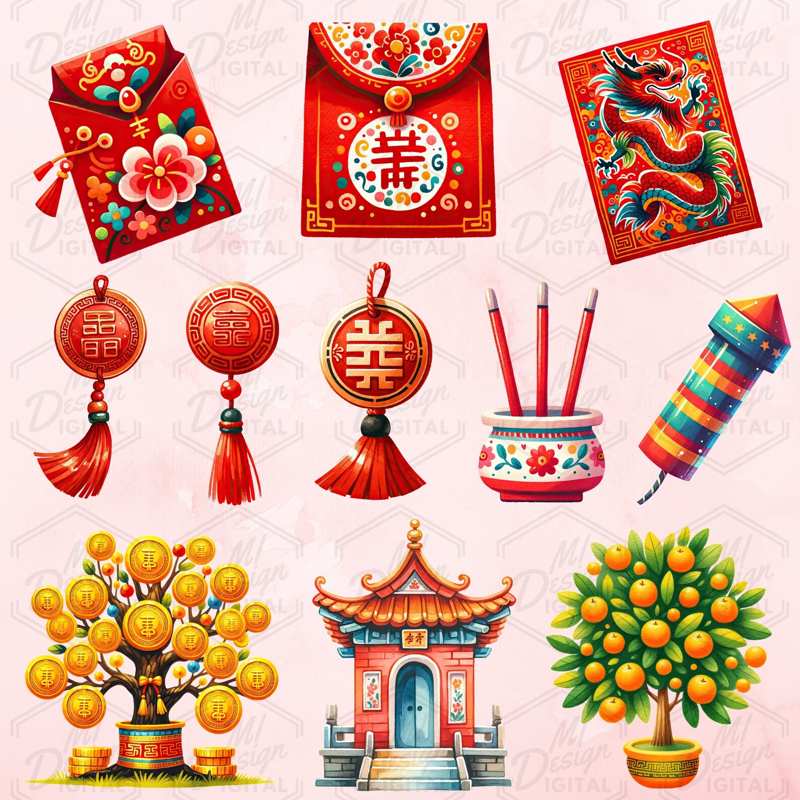 Lunar New Year Animal Zodiac Lion Dance, Watercolor Cute Animals ...