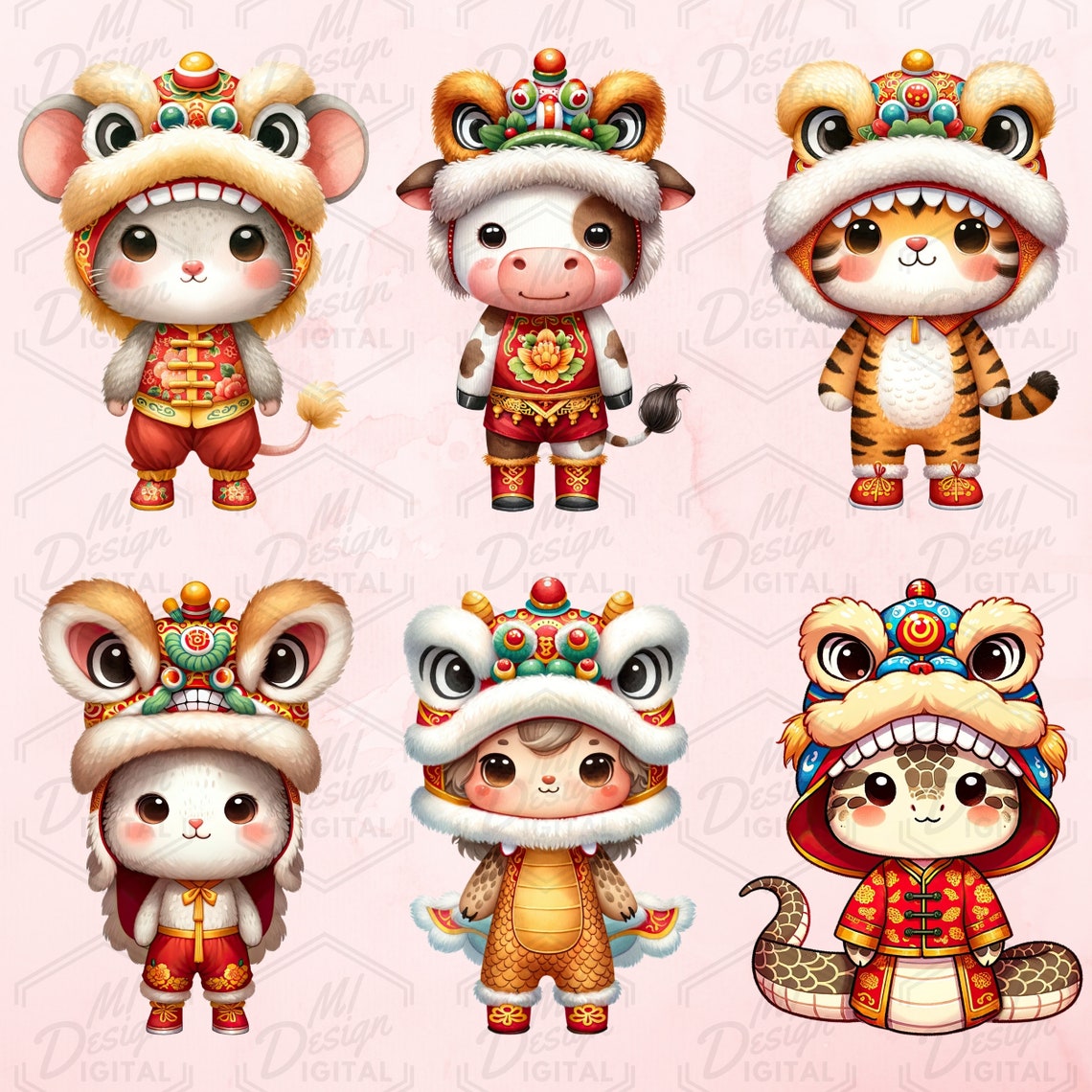 Lunar New Year Animal Zodiac Lion Dance, Watercolor Cute Animals ...