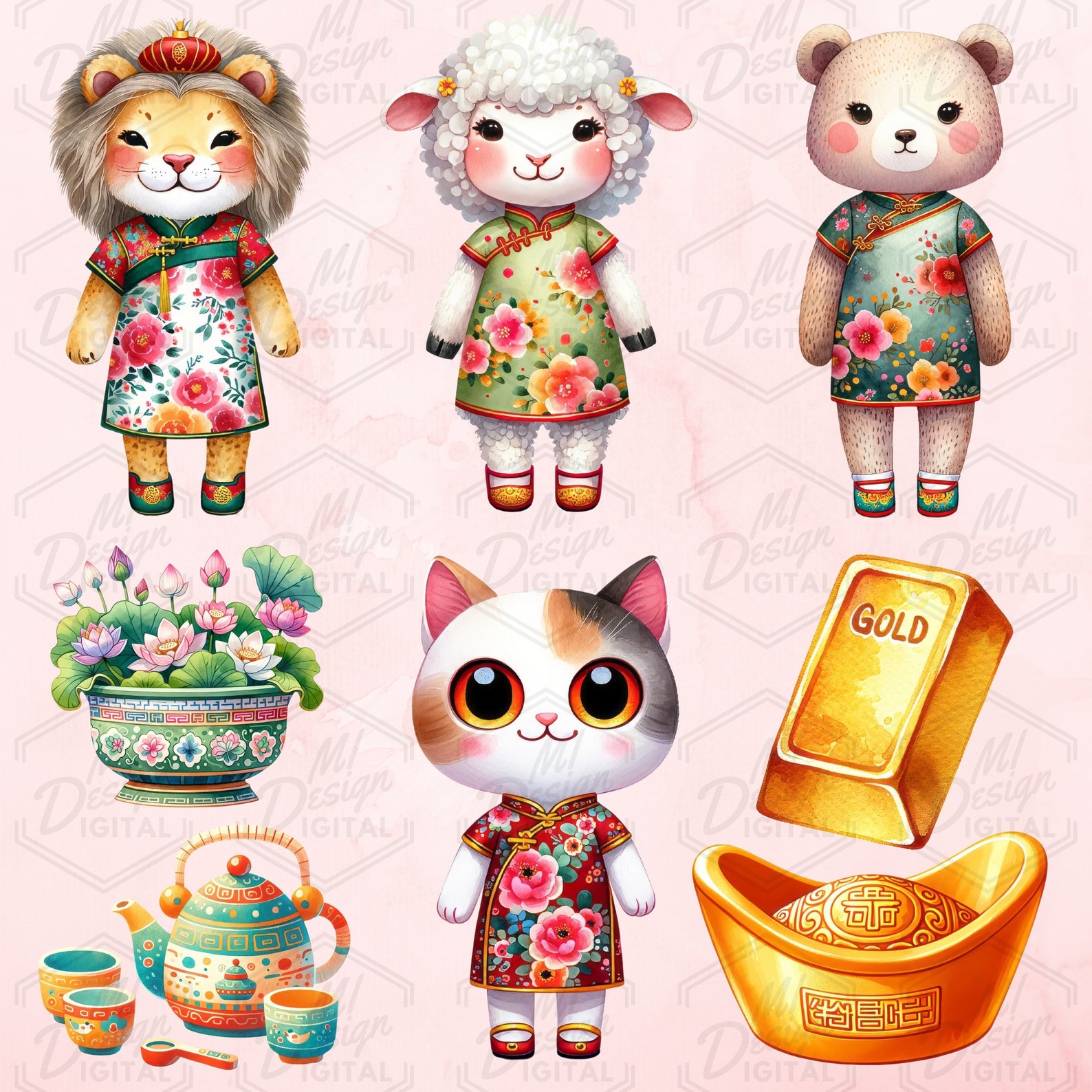 Chinese New Year Animal Zodiac Cheongsam Dress, Watercolor Cute Animals ...