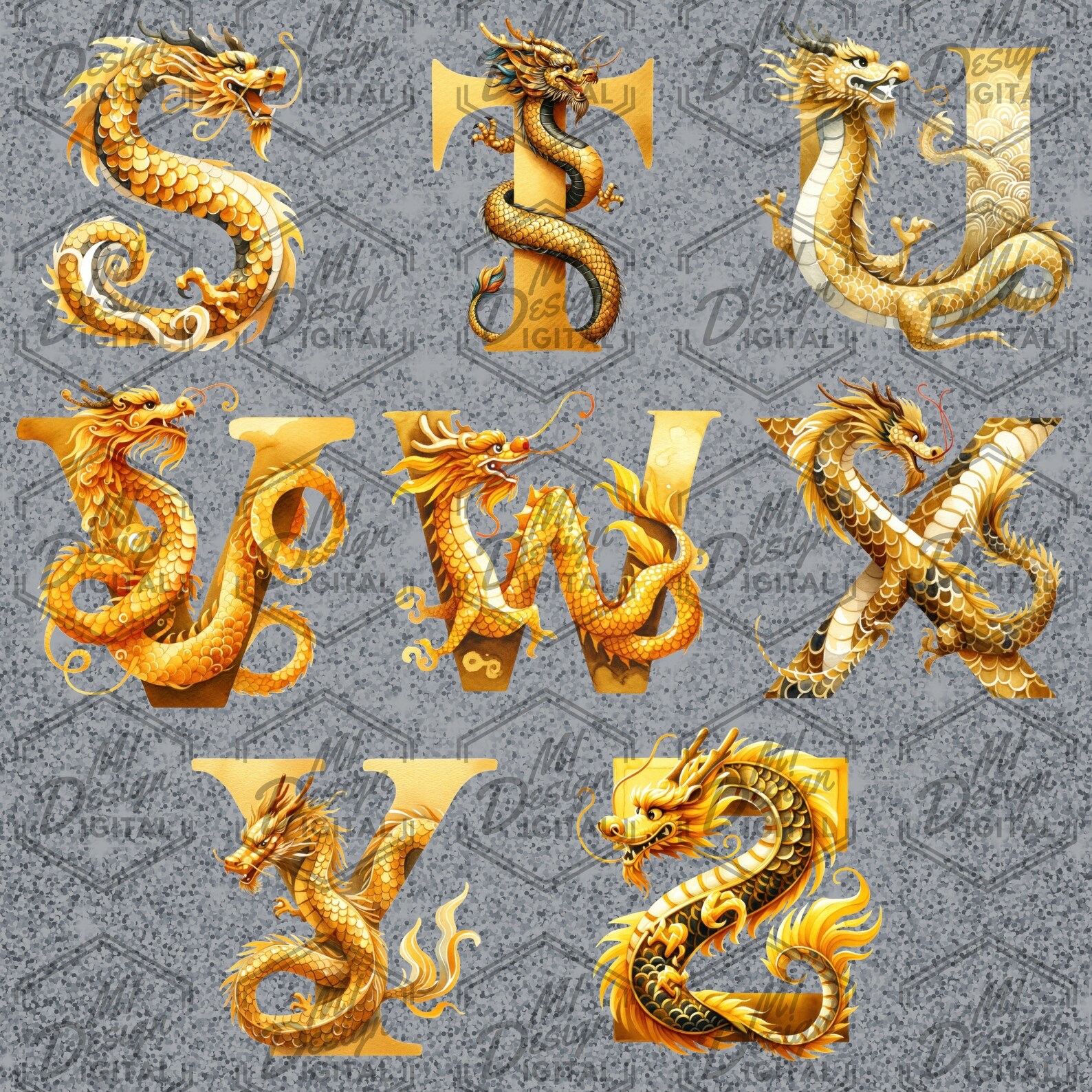 Chinese Dragon Alphabet and Numbers, Watercolor Dragon Alphabet PNG ...