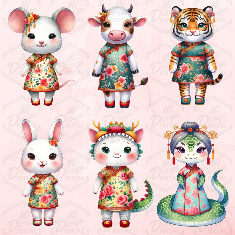 Chinese New Year Animal Zodiac Cheongsam Dress, Watercolor Cute Animals ...
