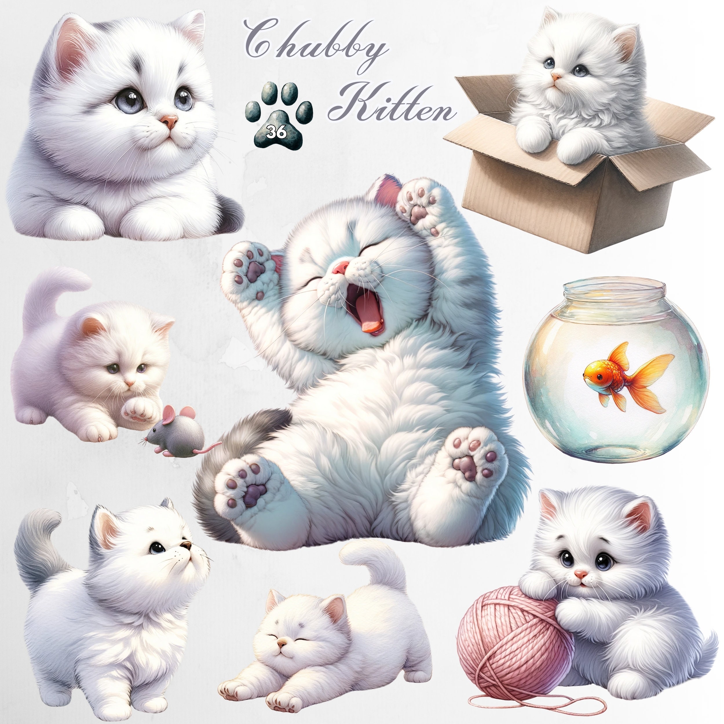 Chubby Kitten, Chonky Cats Clipart Set, Kawaii Kitten Graphics, Animals ...