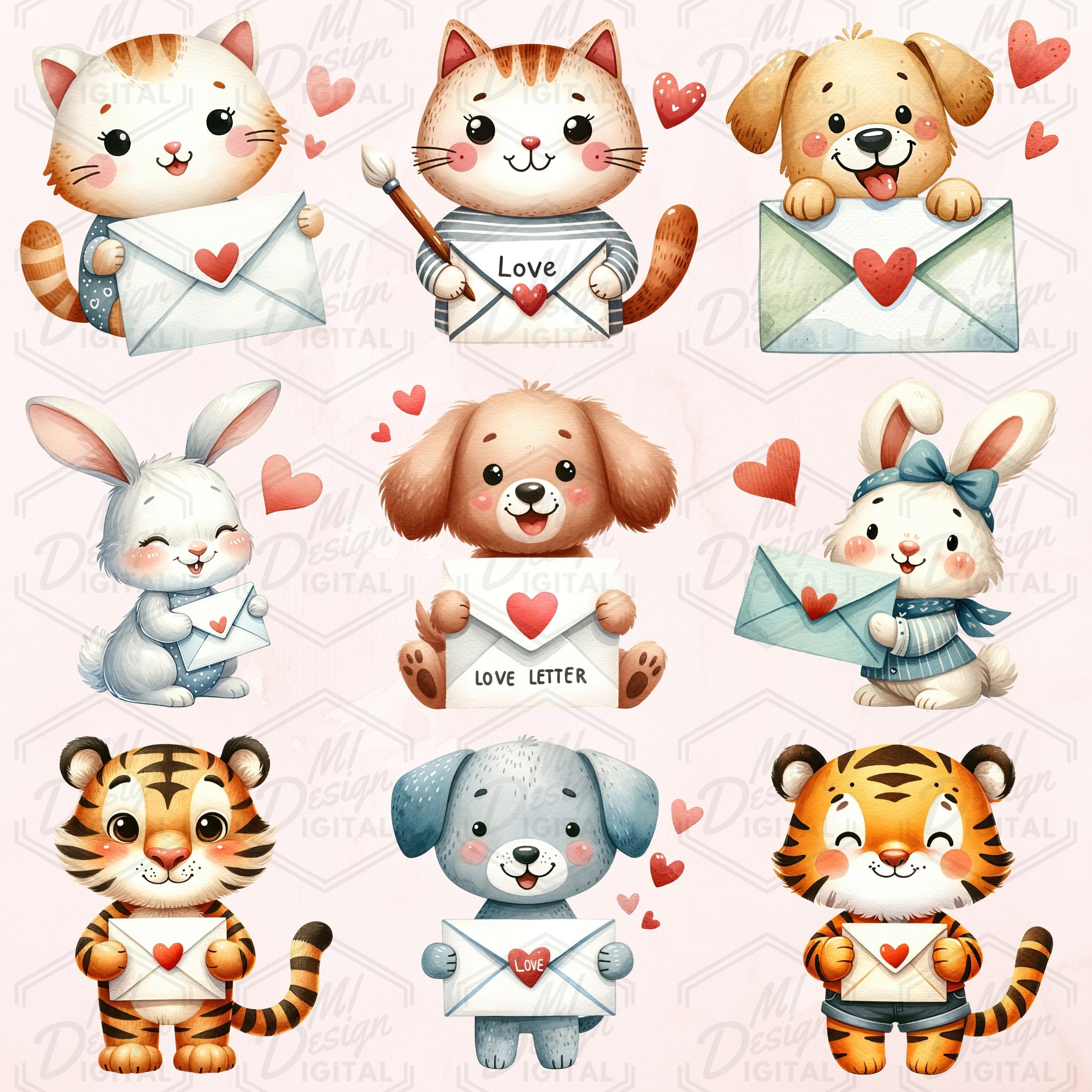 Happy Valentine's Day Animal, Watercolor Cute Animals Clipart ...
