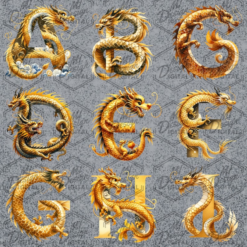 Chinese Dragon Alphabet and Numbers, Watercolor Dragon Alphabet PNG ...