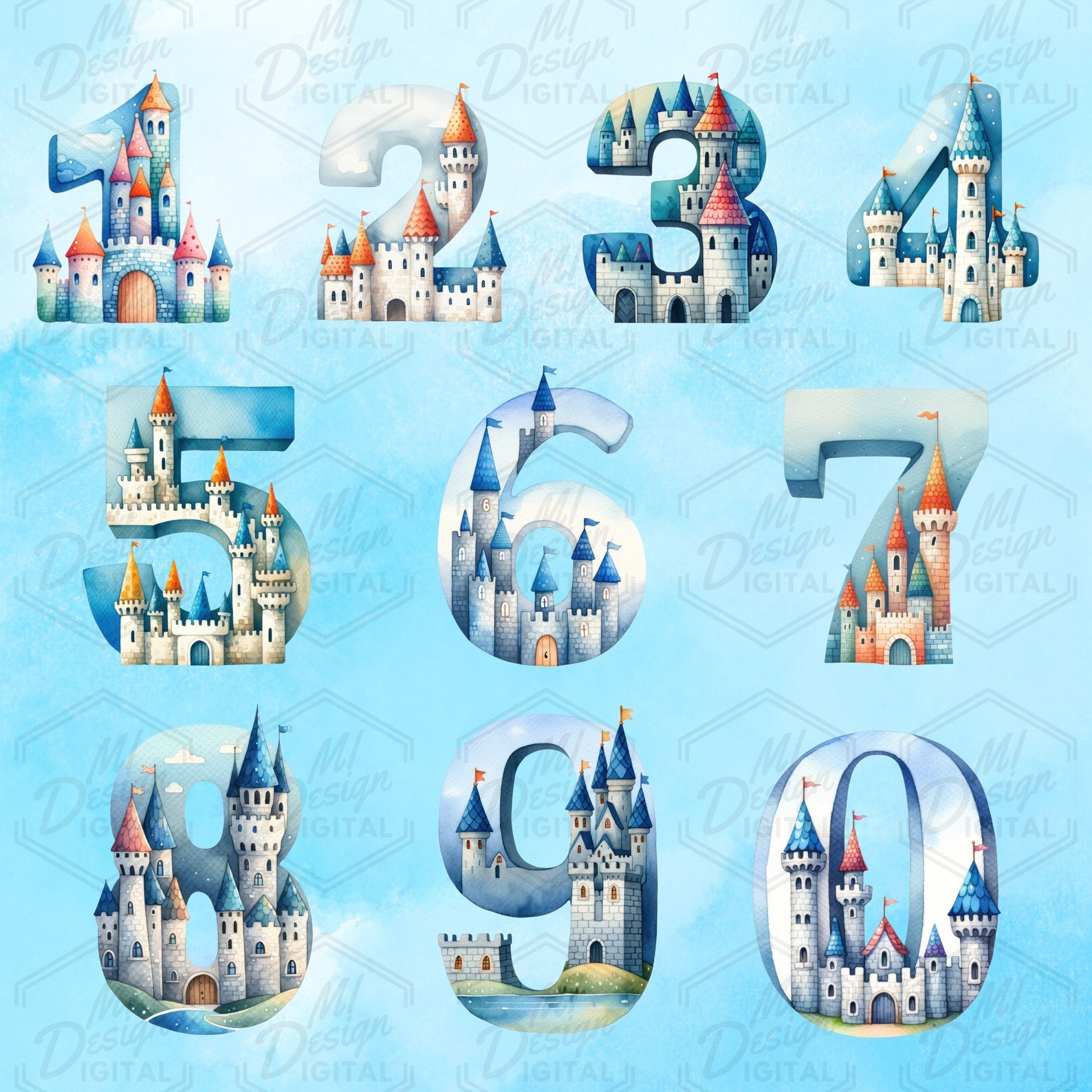 Castle Alphabet and Numbers, Watercolor Fairy Tale Castle Clipart PNG ...