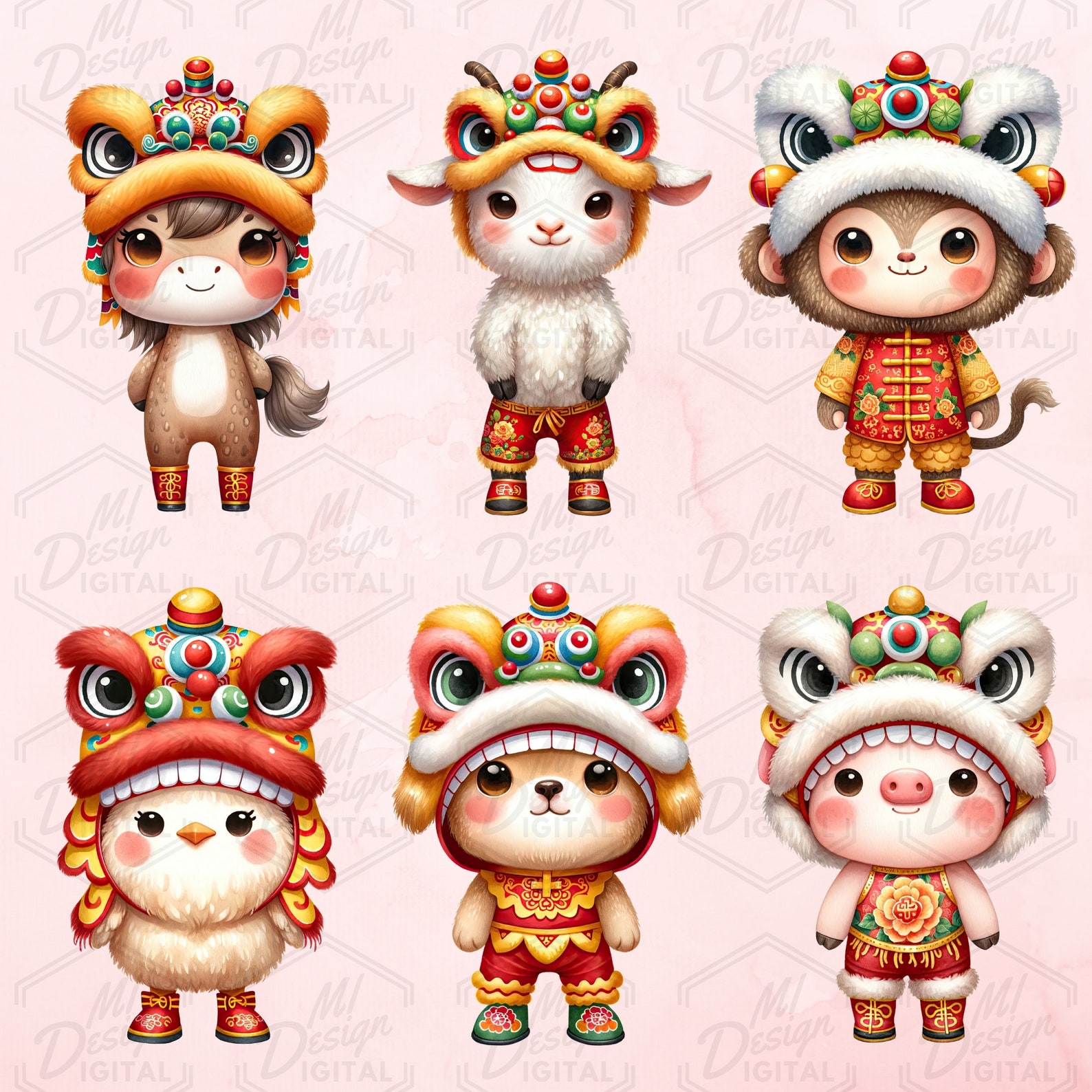 Lunar New Year Animal Zodiac Lion Dance, Watercolor Cute Animals ...