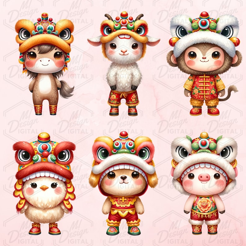 Lunar New Year Animal Zodiac Lion Dance, Watercolor Cute Animals ...