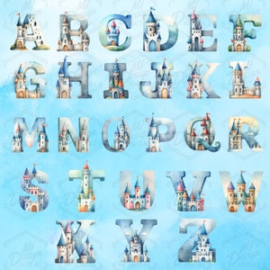 Castle Alphabet and Numbers, Watercolor Fairy Tale Castle Clipart PNG ...