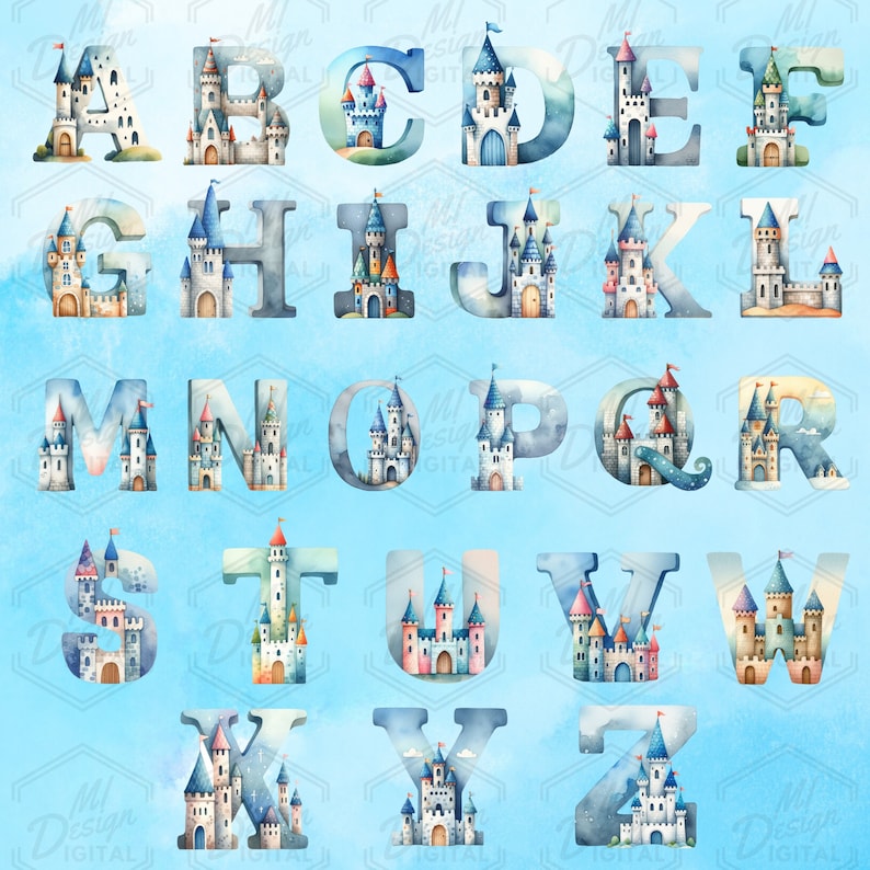 Castle Alphabet and Numbers, Watercolor Fairy Tale Castle Clipart PNG ...