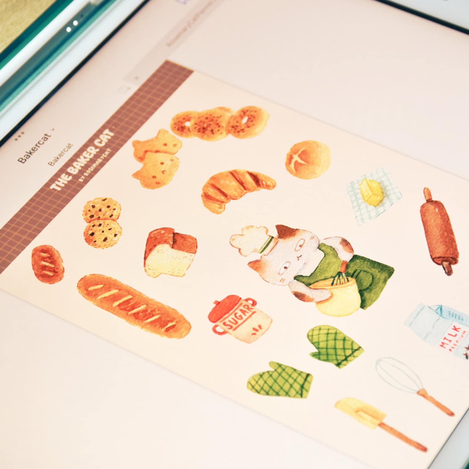 The Baker Cat Digital Sticker Hand Painted Watercolor Digital Sticker ...