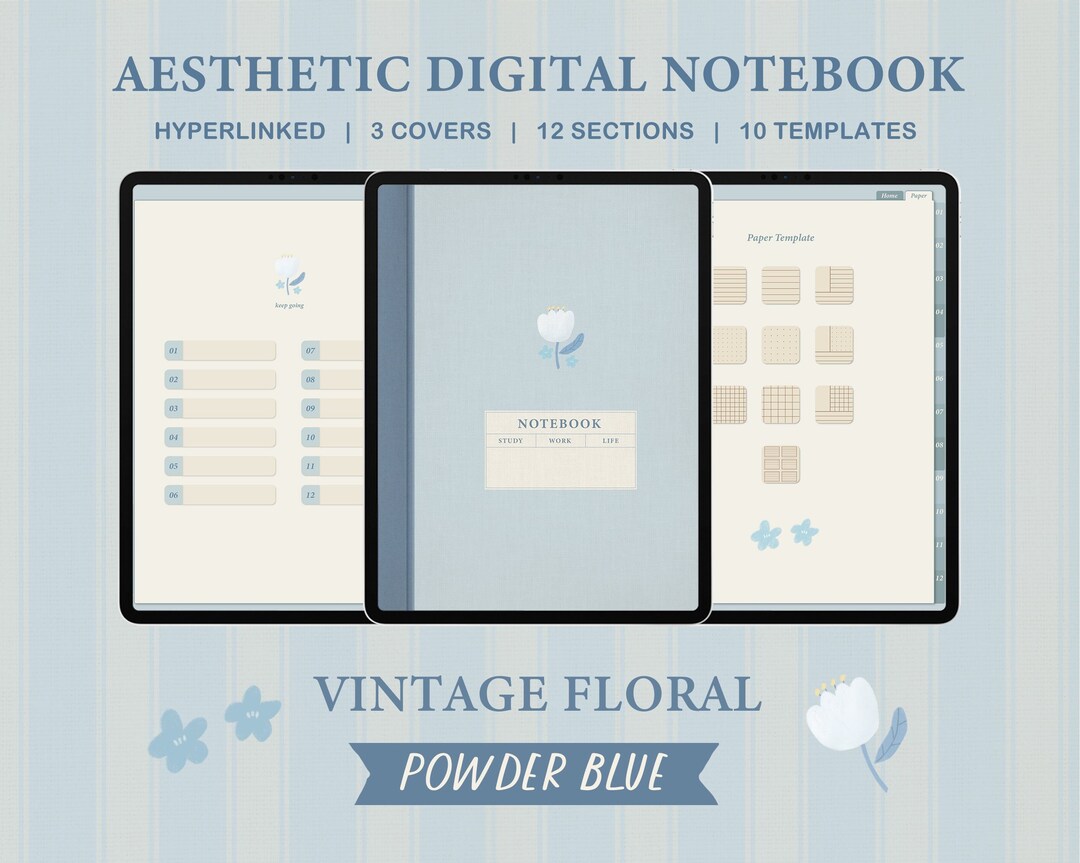Vintage Floral Digital Notebook: Powder Blue, 12 Dividers (PDF) - Etsy