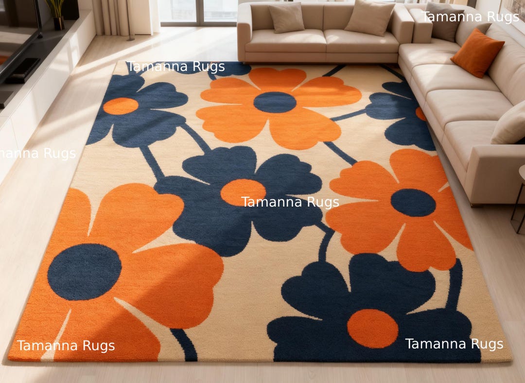 Retro Daisy Wool Rug: Groovy Floral Area Carpet - Etsy
