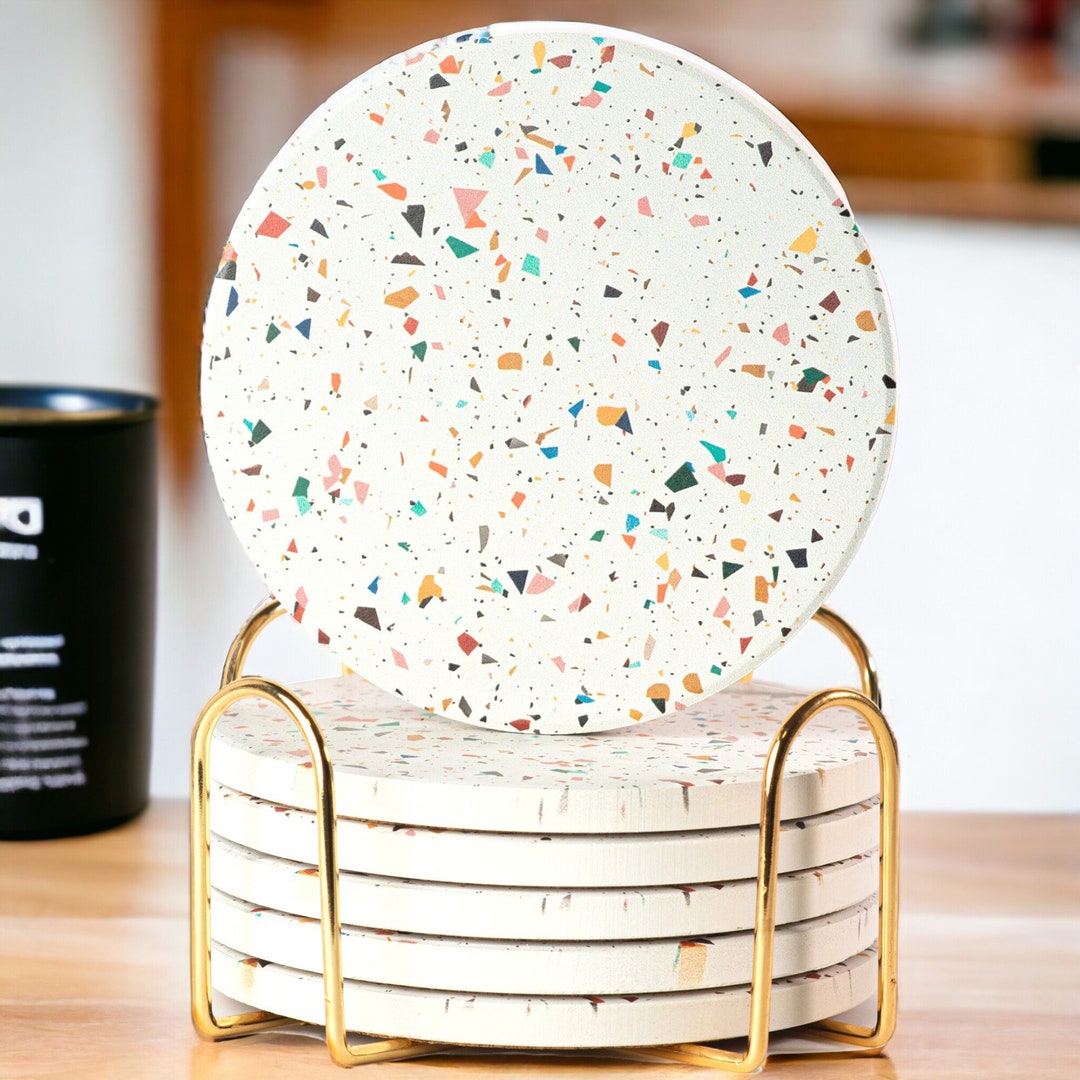 Terrazzo Coasters Set With Holder, Absorbent Coasters, Coasters Set of ...