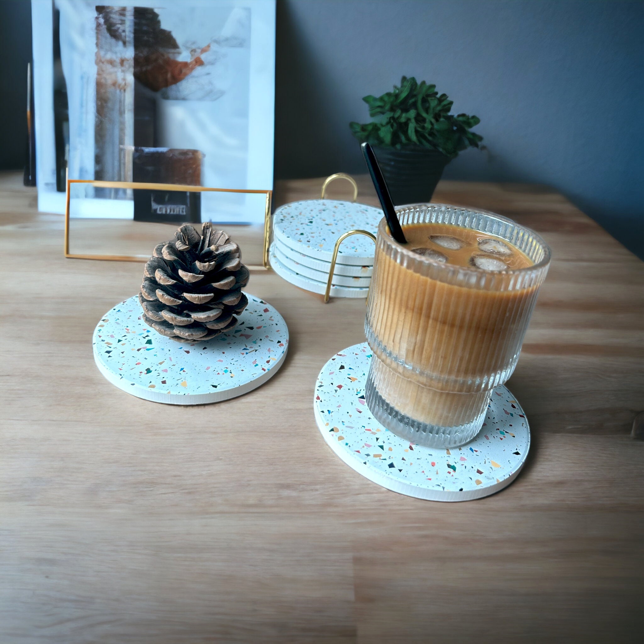 Terrazzo Round Coasters Set With Holder, Absorbent Coasters, Coasters ...