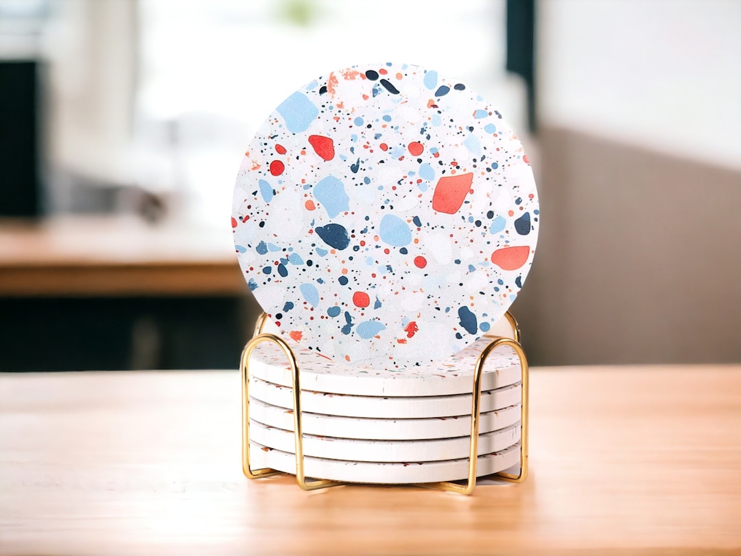 Terrazzo Coasters Set With Holder, Absorbent Marble Coasters, Terrazzo ...