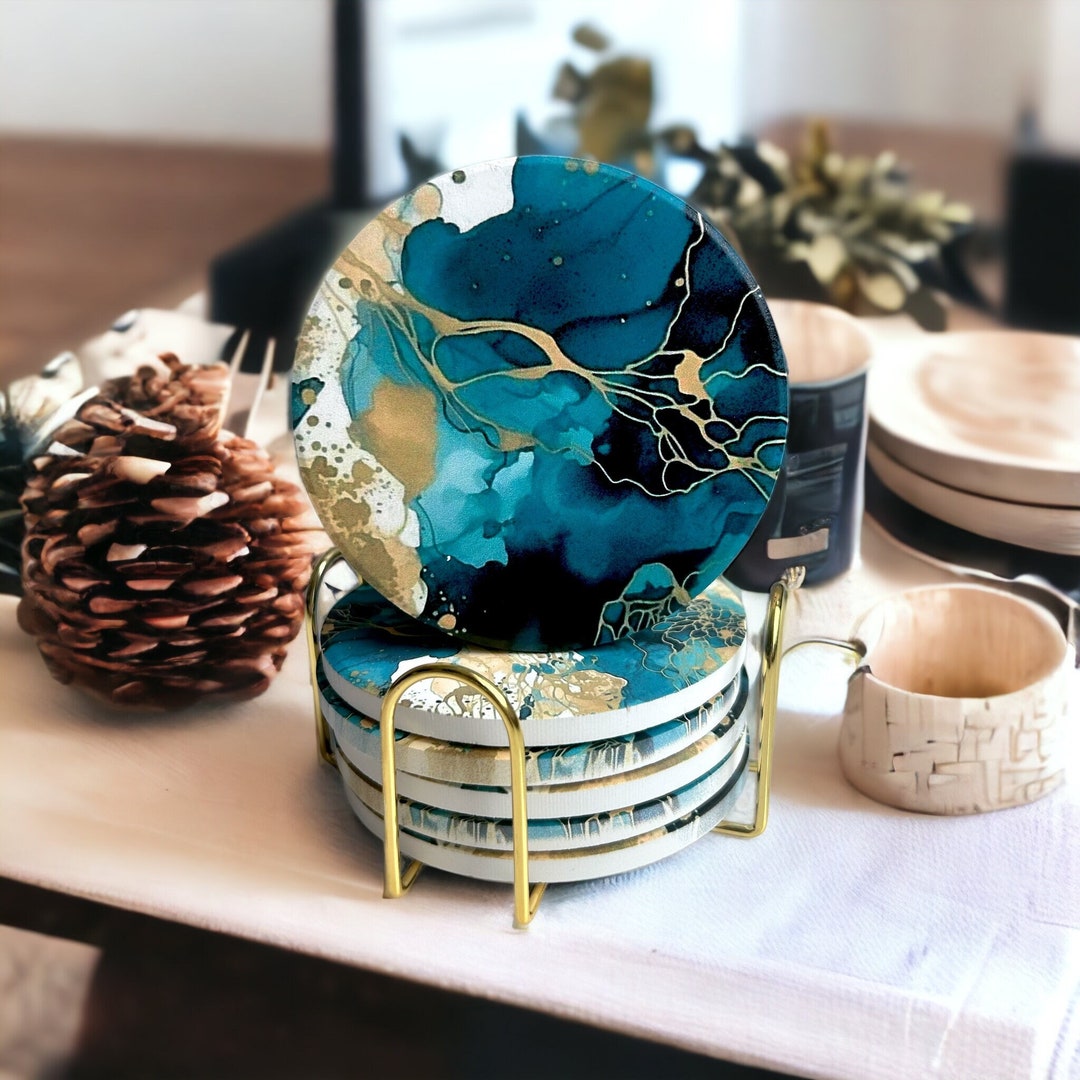 Round Ceramic Coasters Set With Holder, Absorbent Marble Coasters, Teal ...