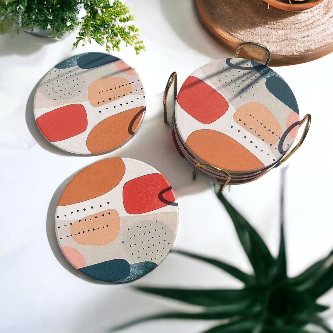Round Ceramic Coasters Set With Holder, Absorbent Nordic Coasters ...