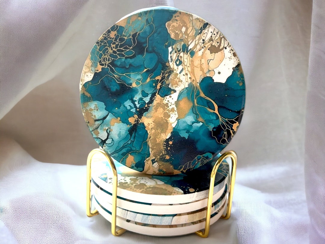 Round Ceramic Coasters Set With Holder, Absorbent Marble Coasters, Teal ...