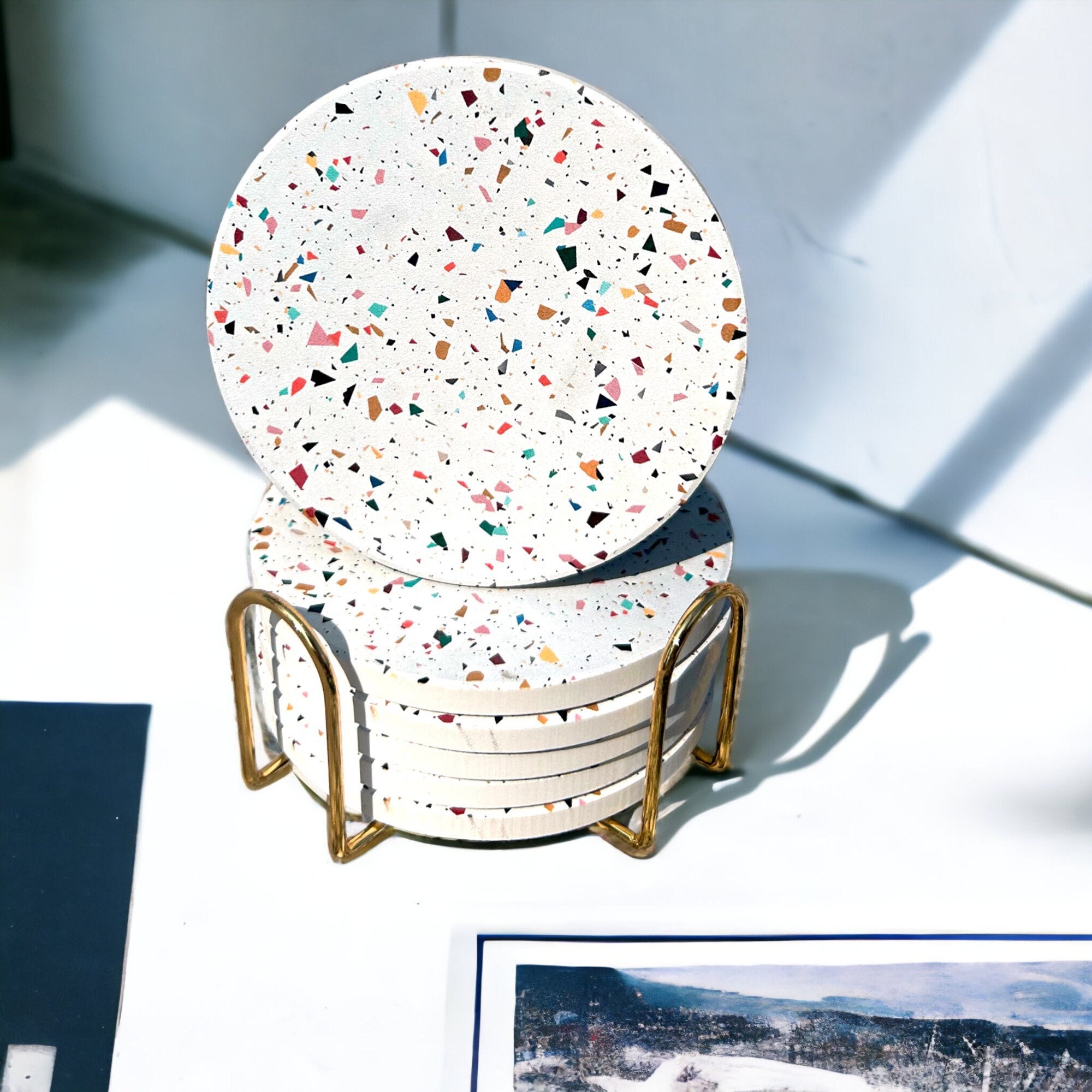 Terrazzo Round Coasters Set With Holder, Absorbent Coasters, Coasters ...