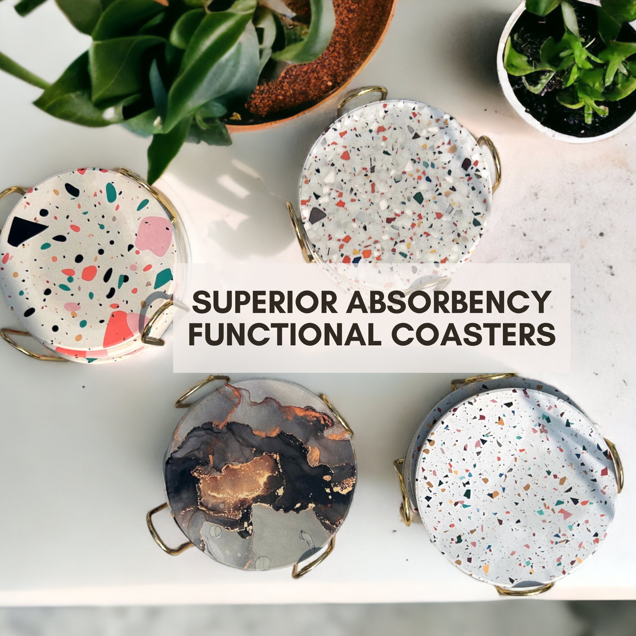 Terrazzo Round Coasters Set With Holder, Absorbent Coasters, Coasters ...