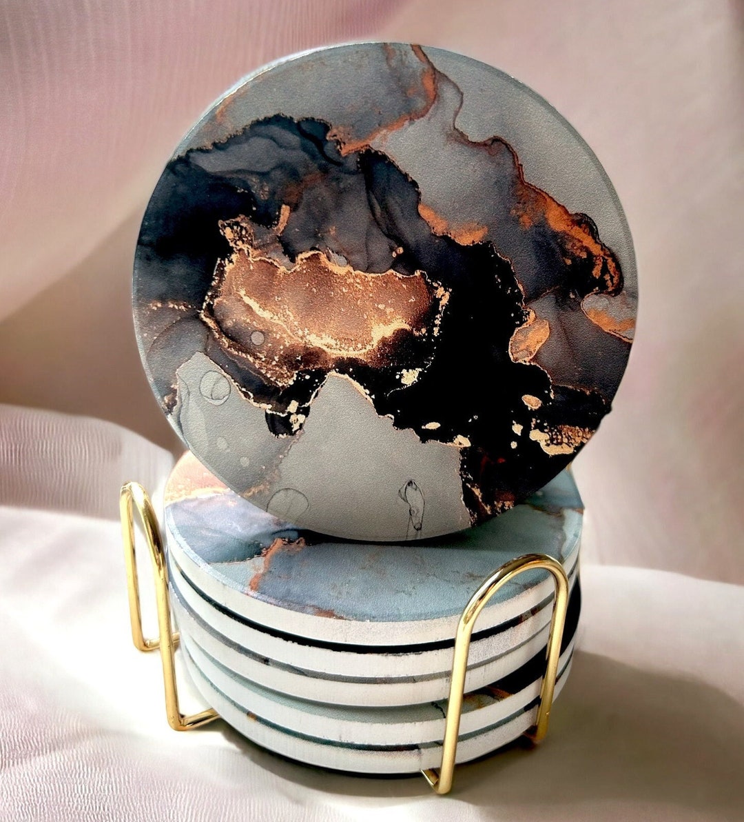 Round Ceramic Coasters Set With Holder, Absorbent Marble Coasters ...