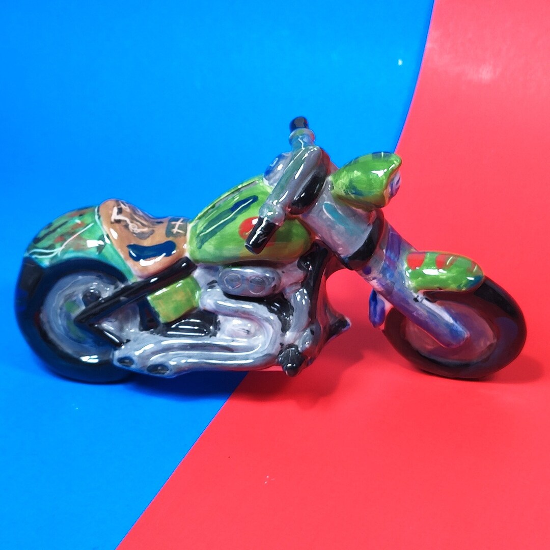 Vintage Motorcycle Piggy Bank Hand Painted Made Coin Ceramic Harley ...