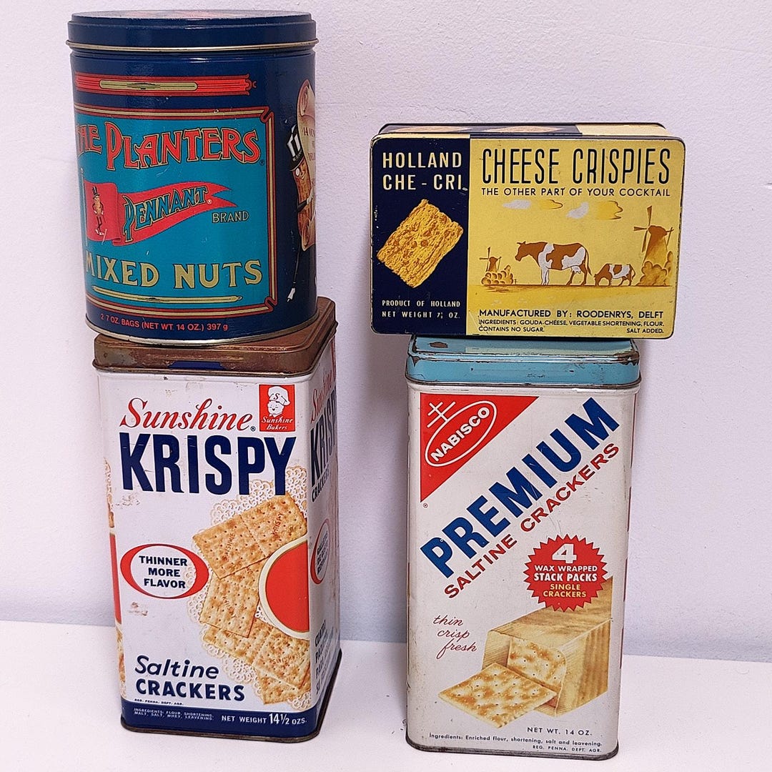Lot 4 Vintage Snack Tins Planters Nabisco Krispy Cheese Peanuts Can Mid ...