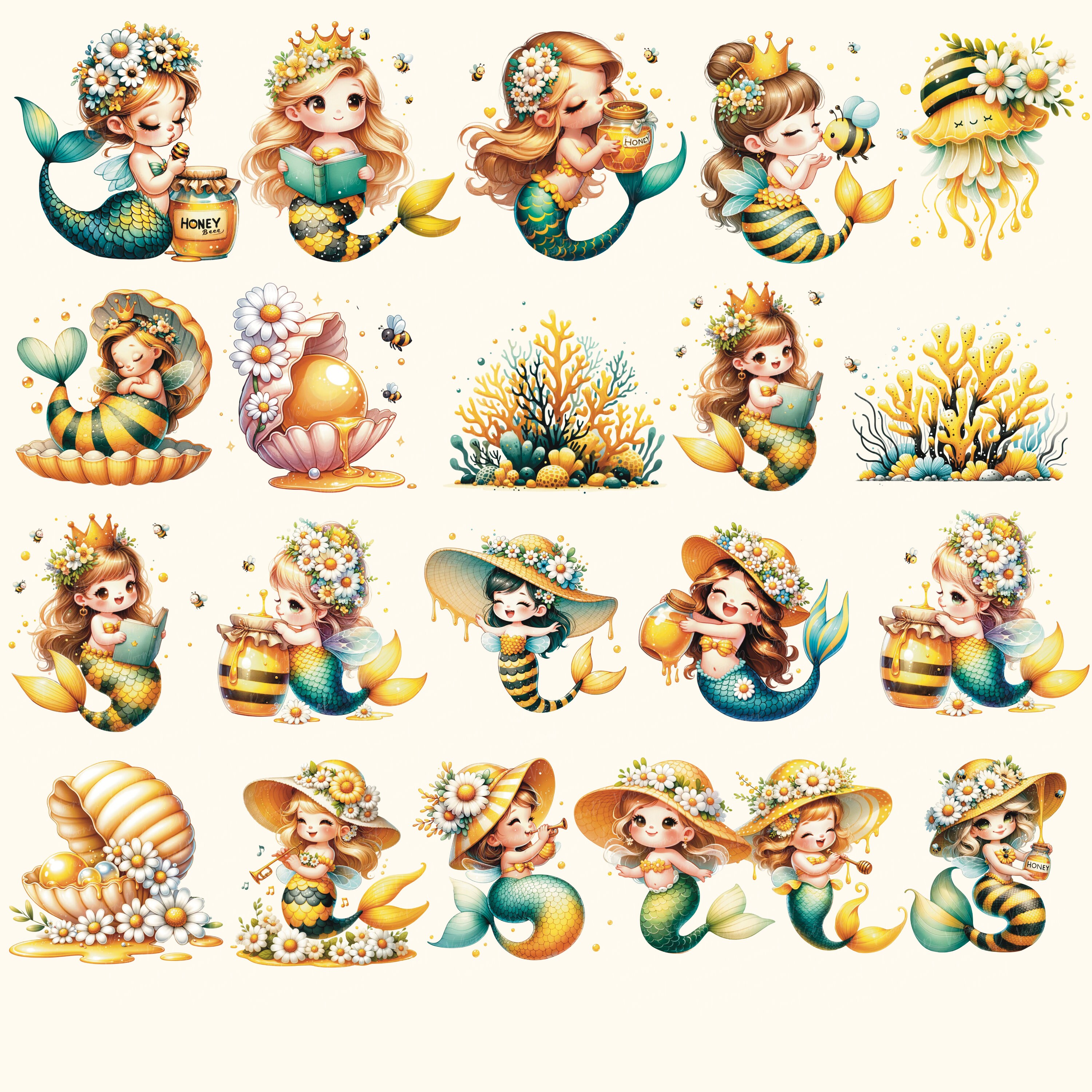 Baby Mermaid Watercolor Clipart, Honey Bee Mermaid, Mermaid Under the ...